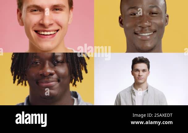 Four young men with different backgrounds smile joyfully against bright ...