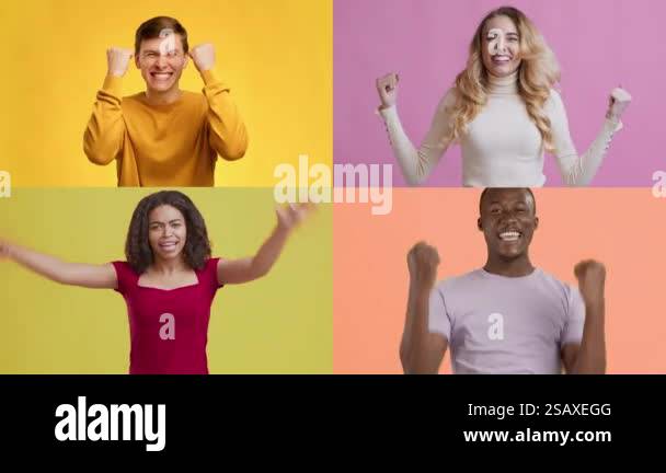 Four individuals display a range of positive emotions in a colorful ...