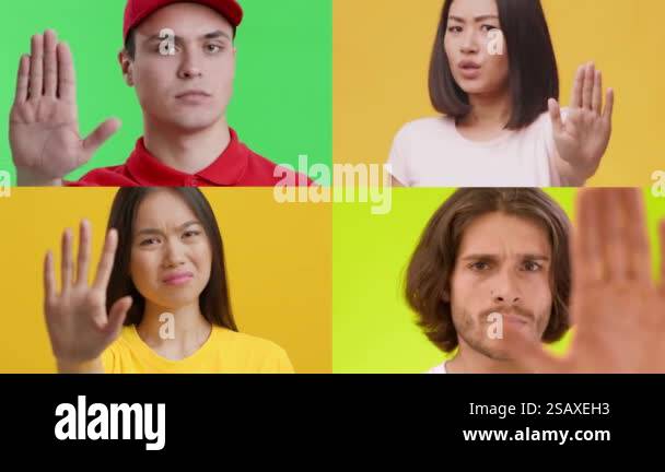 A collection of diverse individuals displays various emotions with hand ...