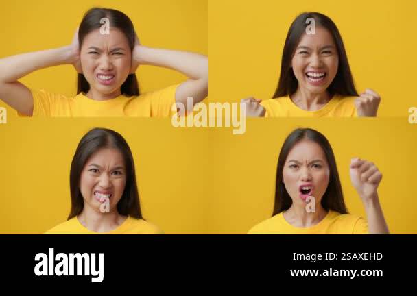 A collage displaying four distinct expressions of a woman against a ...