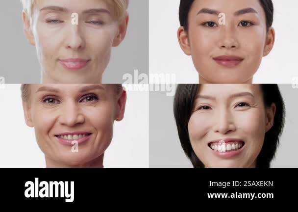 Four women of varying backgrounds display different facial expressions ...