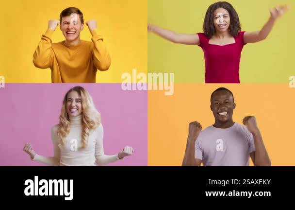 Four individuals display joy and enthusiasm with smiling faces and ...