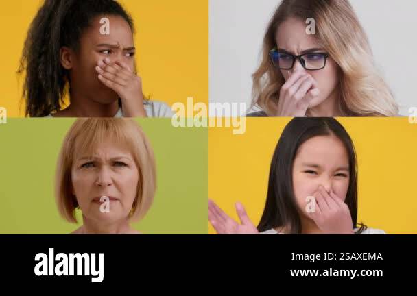 Four individuals express various emotions while covering their noses ...