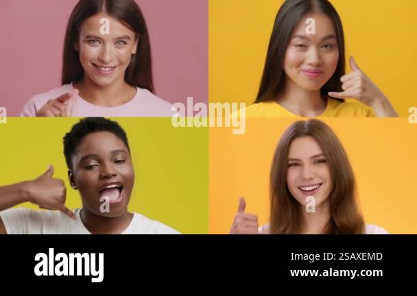 Four individuals express happiness and positivity through gestures and ...