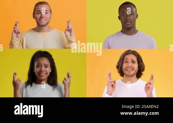 Four multiracial people display various emotions with hand gestures on ...