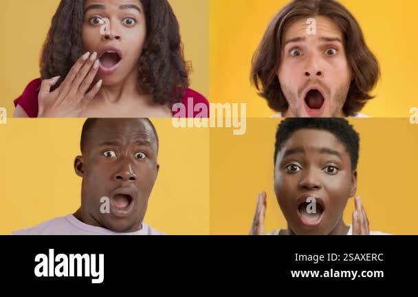Four people express surprise with various gestures and facial ...