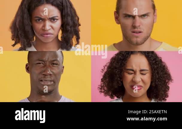 Four individuals express different emotions against vibrant backgrounds ...