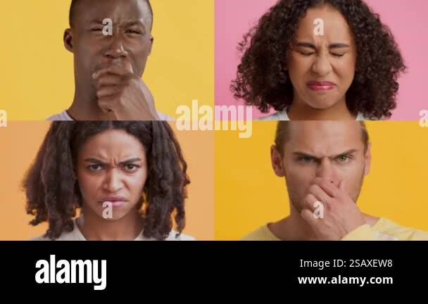 Four multiracial people display various emotions and gestures against ...