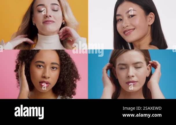 Four women display a range of emotions against vibrant backgrounds ...