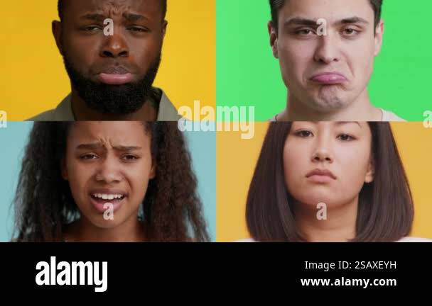 Four individuals display a range of emotions against vibrant ...