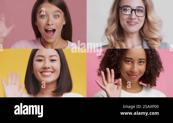 Four individuals from different backgrounds display cheerful emotions ...
