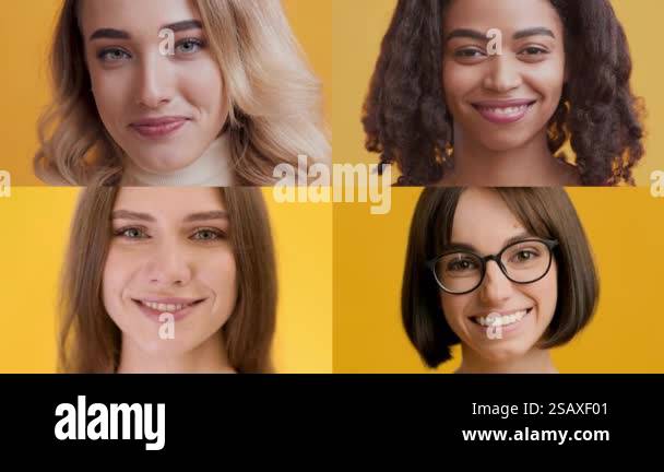 Four young women with different hairstyles and expressions smile ...