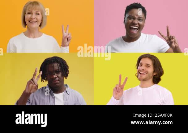 A collection of four individuals displaying peace signs with joyful ...