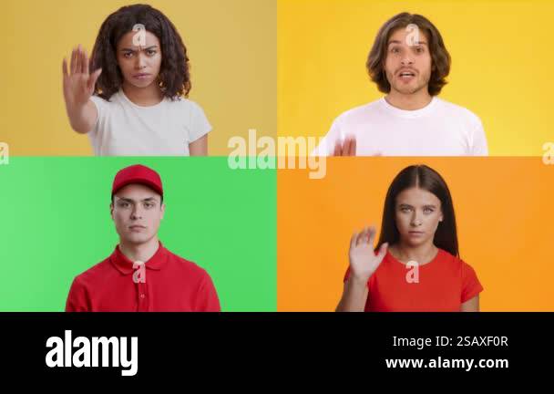 A diverse group of individuals demonstrates various emotions and hand ...