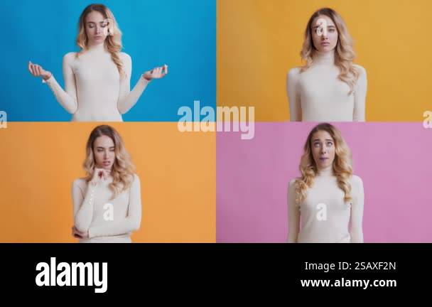 A young woman displays a range of emotions through various gestures in ...