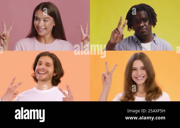 Four individuals of different backgrounds are showcasing joyful ...
