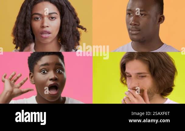 Four individuals display a range of joyful emotions against colorful ...