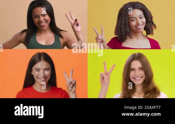 Four individuals of different backgrounds display joyful expressions ...