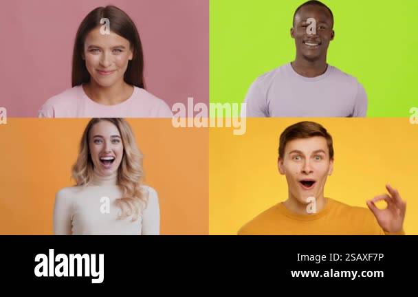 A lively collection of four individuals showcasing various emotions ...