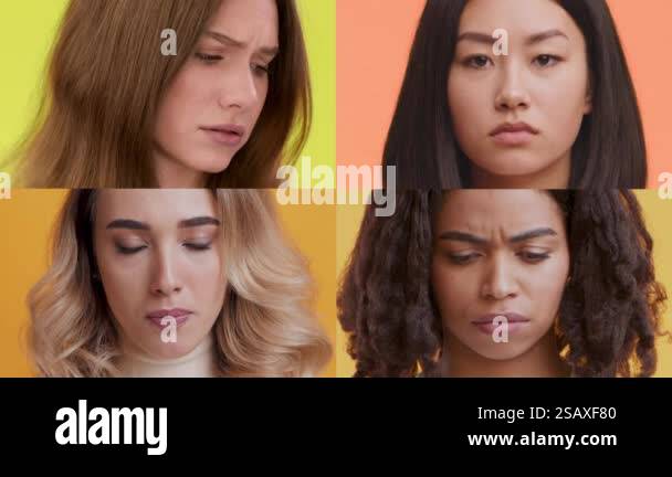 A collection of four diverse people showcasing various emotions against ...