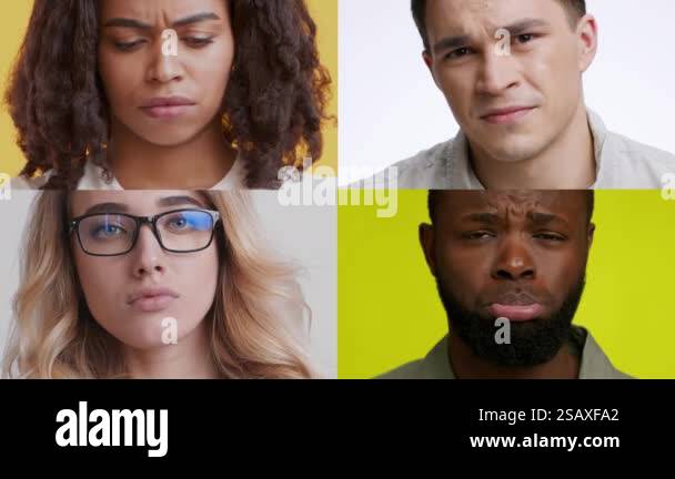 Four individuals display distinct emotions against bright backgrounds ...