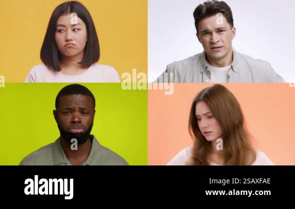 Four individuals showcase distinct emotions against colorful ...