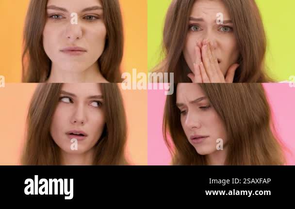 A young woman displays various emotions through different facial ...
