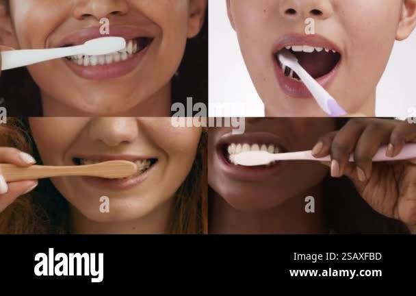 Four women engage in different skincare and dental routines ...