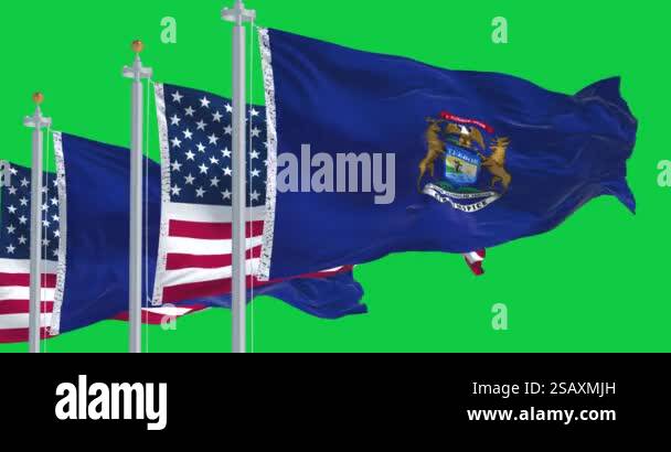 The Beehive Flag of Utah and the american flag waving isolated on green ...