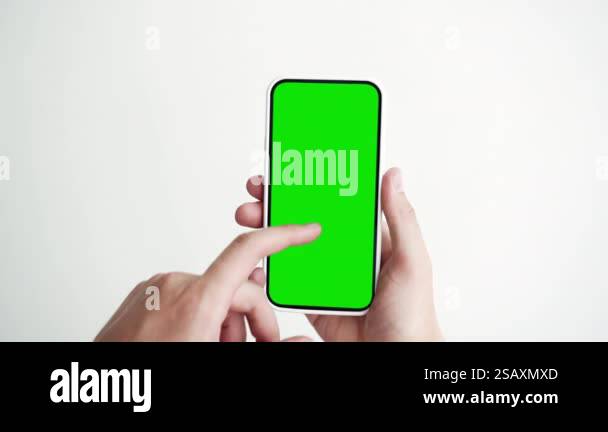 Young Person Touch Screen Smartphone with Green Chroma Key Close-up ...