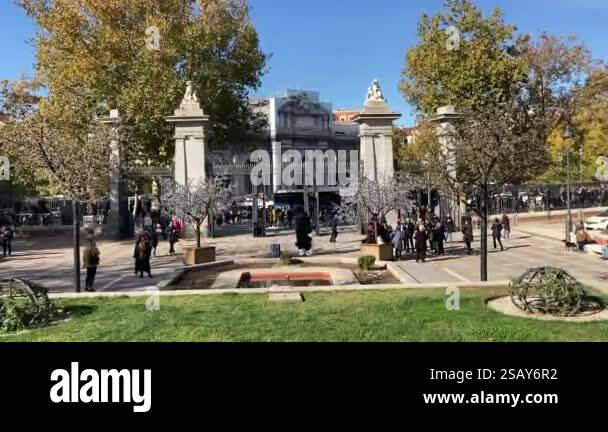 Street view showing city centre buildings in Madrid, Spain. Spanish ...