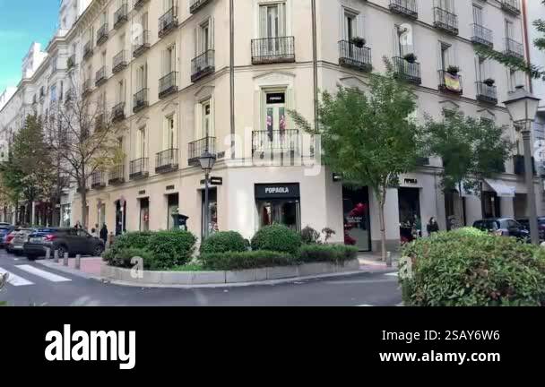Street view showing city centre buildings in Madrid, Spain. Spanish ...