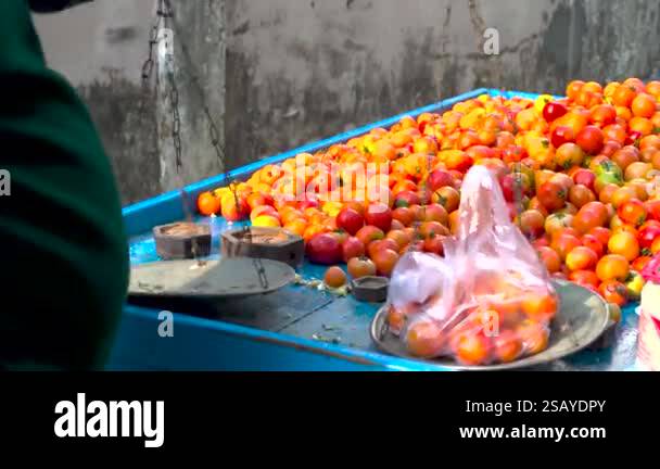 Tomato vendor selling fresh, red Indian tomatoes on a cart during home ...
