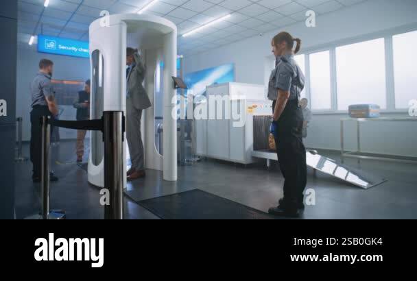 Airport Terminal Checkpoint: Diverse People Walking Through Metal ...