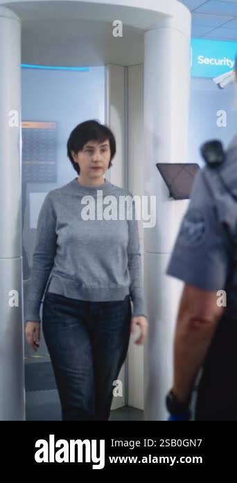 Airport Terminal Security Check: Adult Woman Passes Through Metal ...