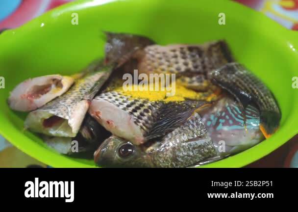 Freshwater tilapia or mujair fish that has been cleaned and seasoned ...