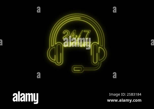 Glowing neon line 24 customer support icon isolate yellow color, All ...