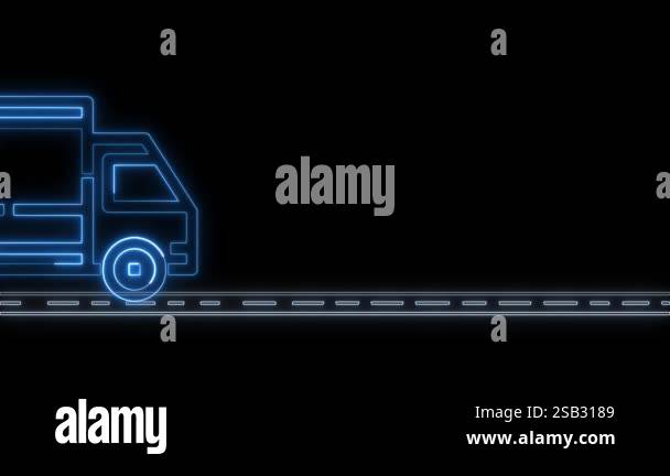 Truck neon sign appear in road blue color animation, Truck icon running ...