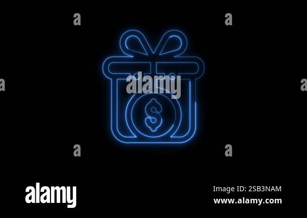 Glowing neon light gift box icon animation concept blue color, neon ...