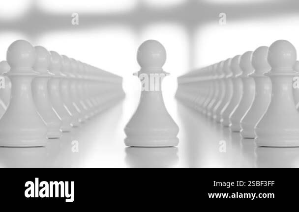 looping 60fps 4k animation of A row of white chess pawns with one pawn ...