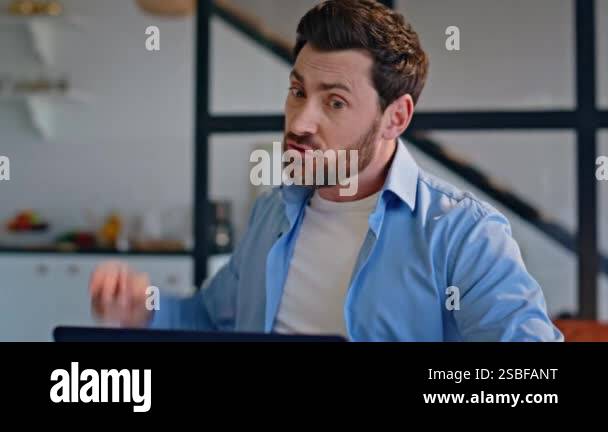 Furious freelancer shouting video call gesturing hands at light ...