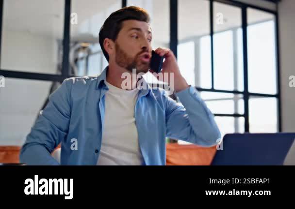 Mad businessman arguing smartphone at workplace closeup. Angry ...