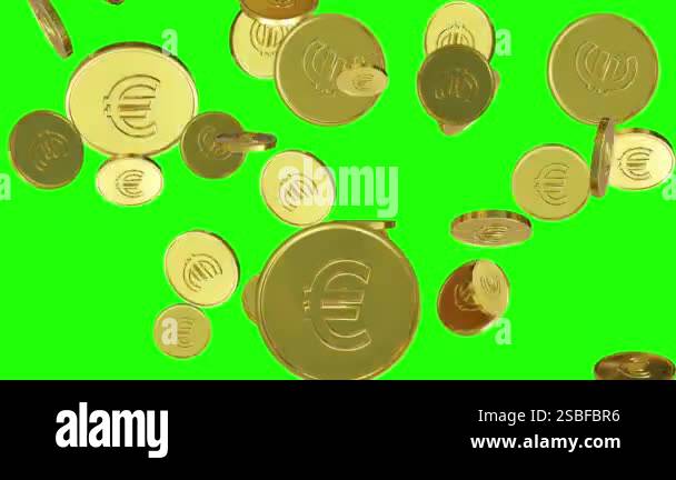 3d animated falling down euro coin with green screen and alpha screen ...