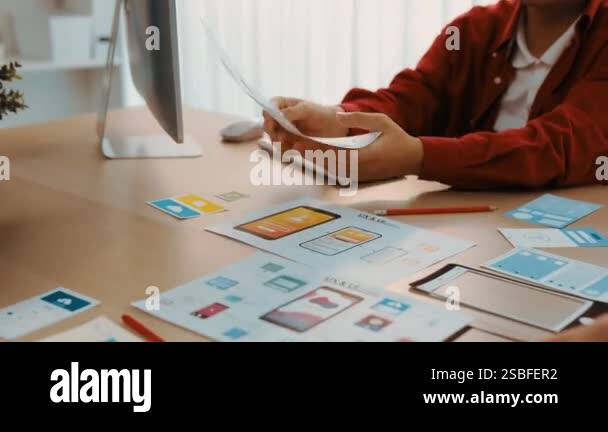 Excellent startup company employee presenting user interface prototype ...