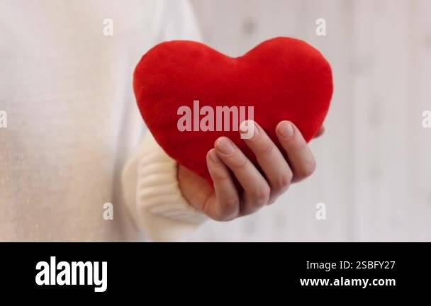 Toy heart in girl's hands. Plush soft heart in woman's hands, close-up ...