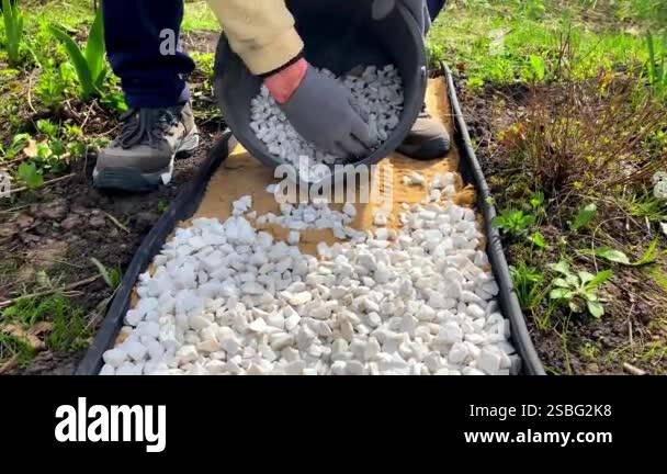 Man worker strewing white decorative split gravel, stones,rocks on path ...