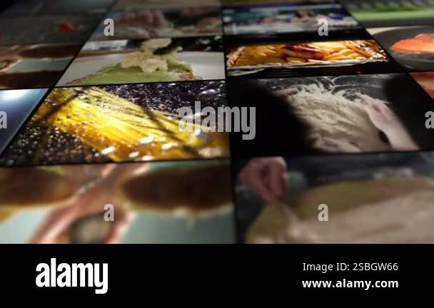Collage of home food preparation: A woman cooking with children, a man ...
