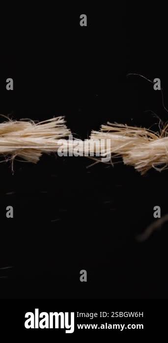 Vertical video. Side view of a frayed rope with fibers unraveling ...