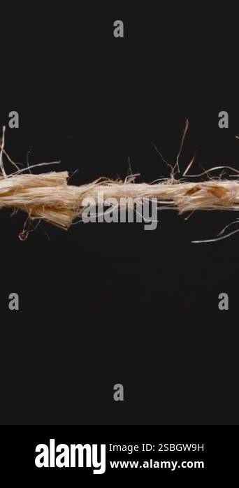 Vertical video. Close-up of two fingers pulling apart a jute or hemp ...