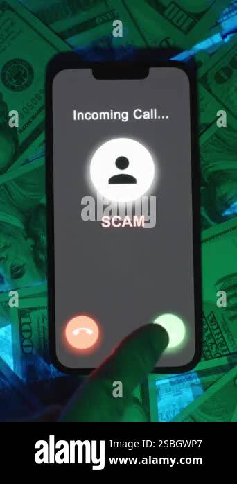 Vertical video. Smartphone Displaying an Incoming Call Labeled "SCAM ...